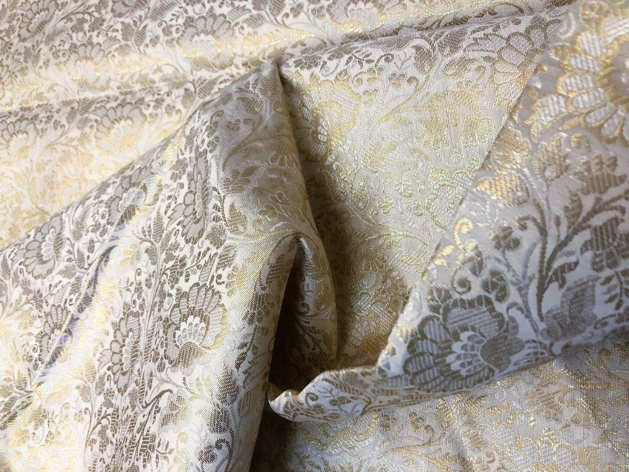 Silk Brocade fabric ivory and light metallic gold floral jacquard all ...