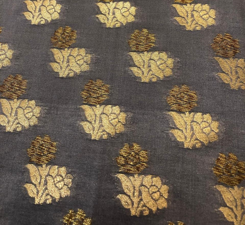 Silk Brocade fabric silver grey color with dull gold metallic jacquard ...