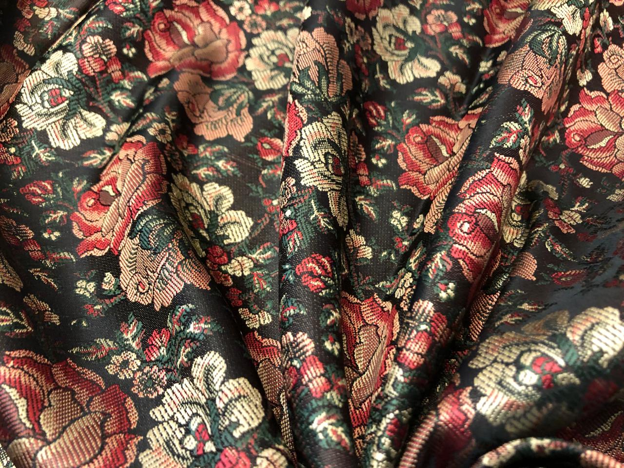 Silk Brocade fabric brown almost black with red , cream and rose color ...