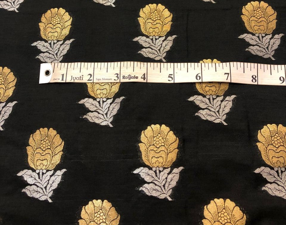 Silk Brocade fabric black color with dull gold and silver metallic jac ...