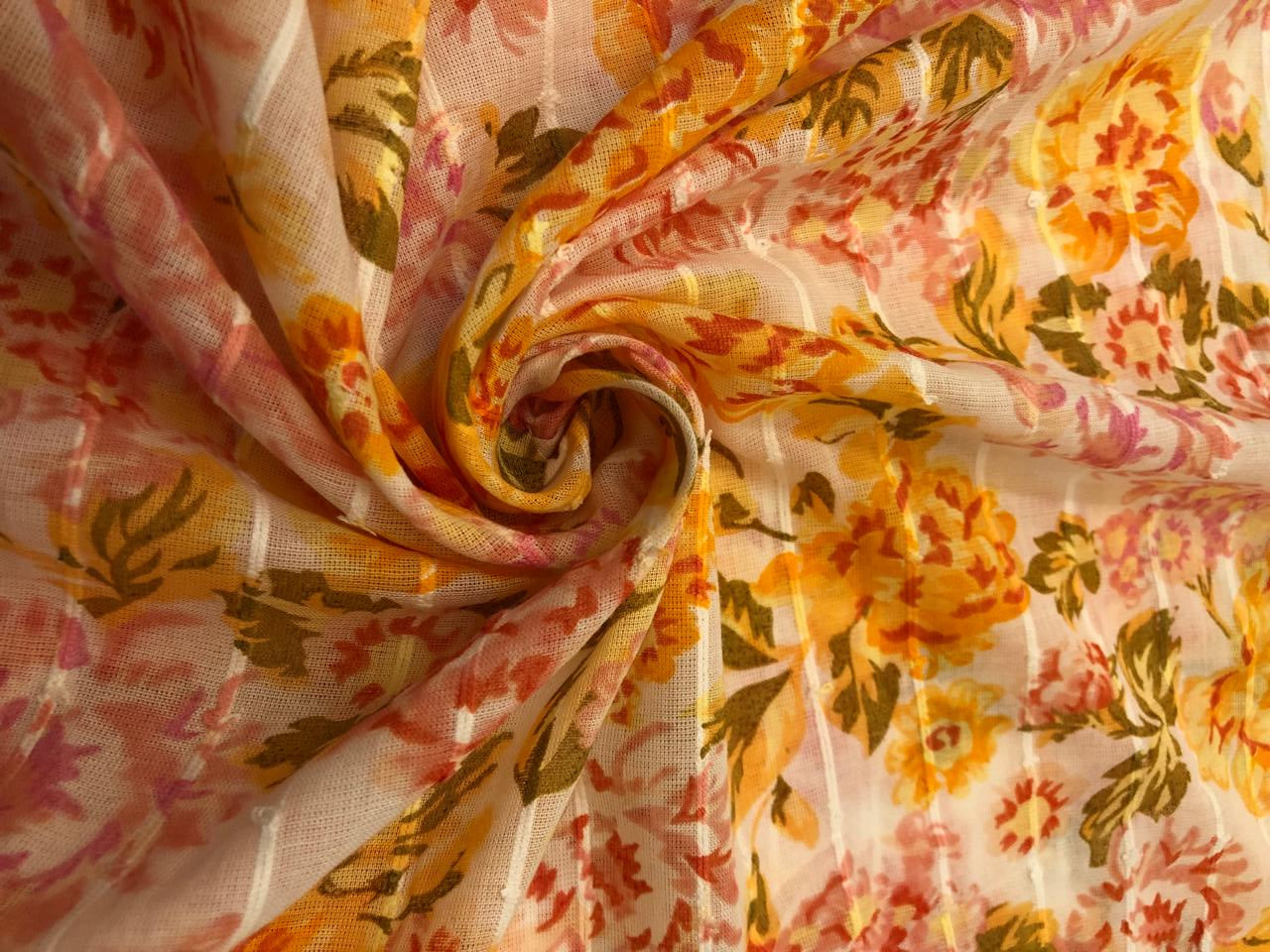 Cotton Voile fabric ivory with bright yellow and pink floral 58"wide d ...