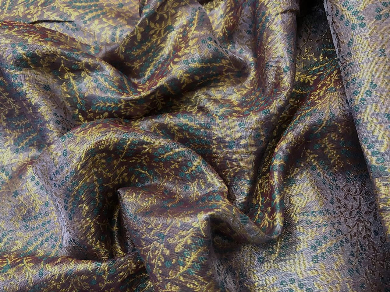 Silk Brocade fabric lilac and teal with light metallic gold leaf jacqu ...