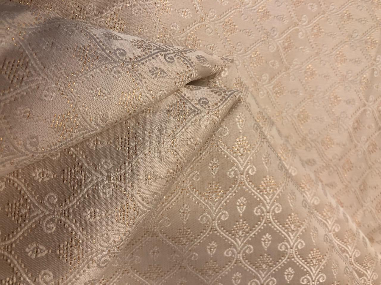 Silk Brocade fabric white ivory tusk with light metallic gold jacquard ...