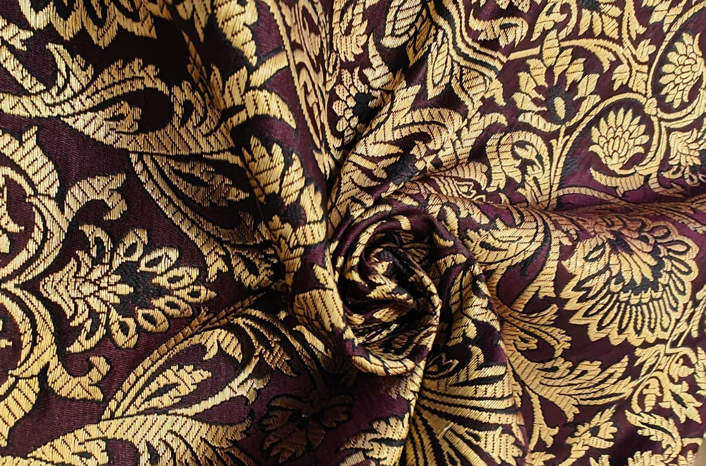 Silk Brocade fabric deep burgundy with metallic gold jacquard BRO1148 ...