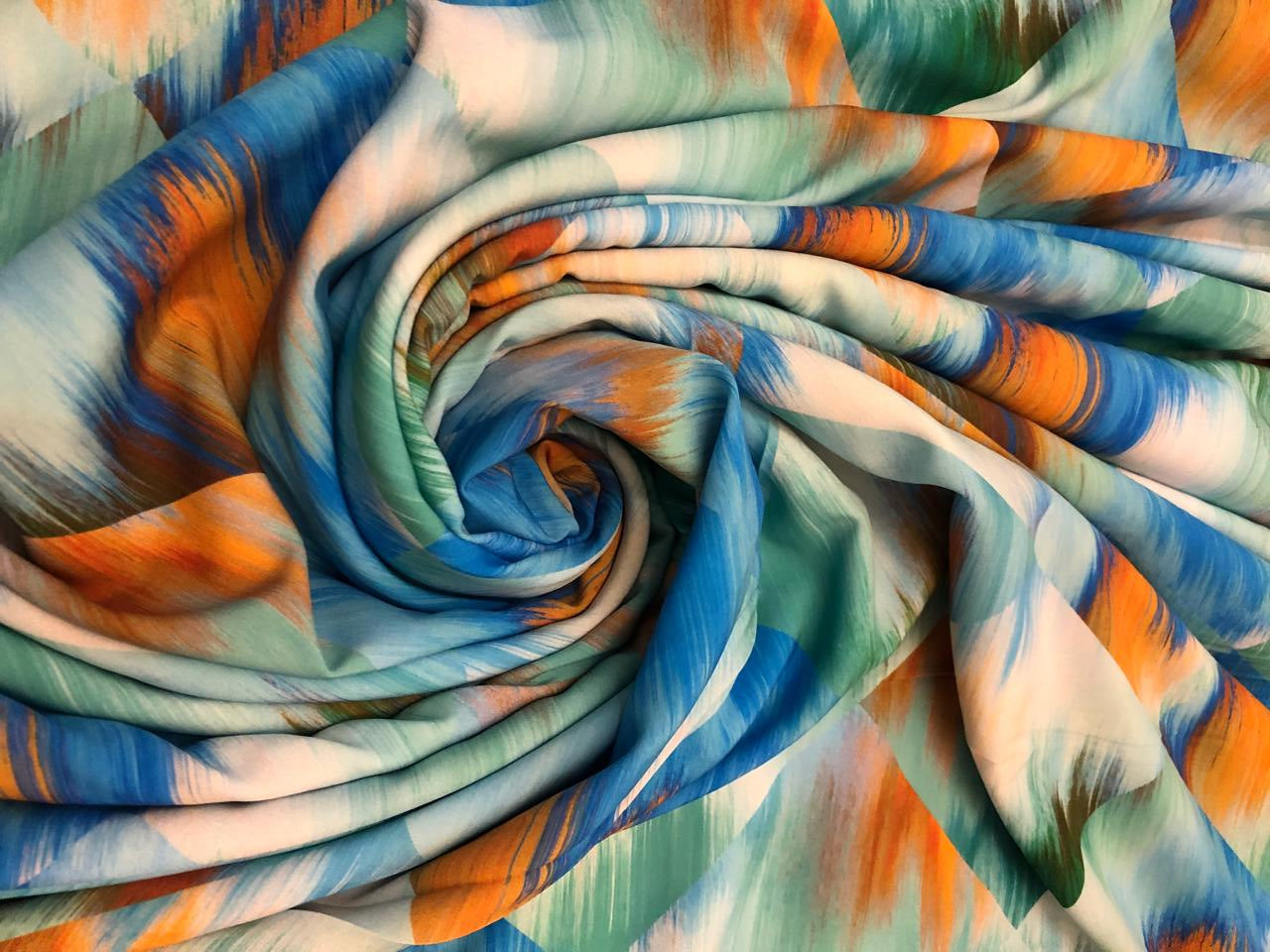 Satin fabric print 58" wide ARMANI abstract print in blue ,yellow and ...