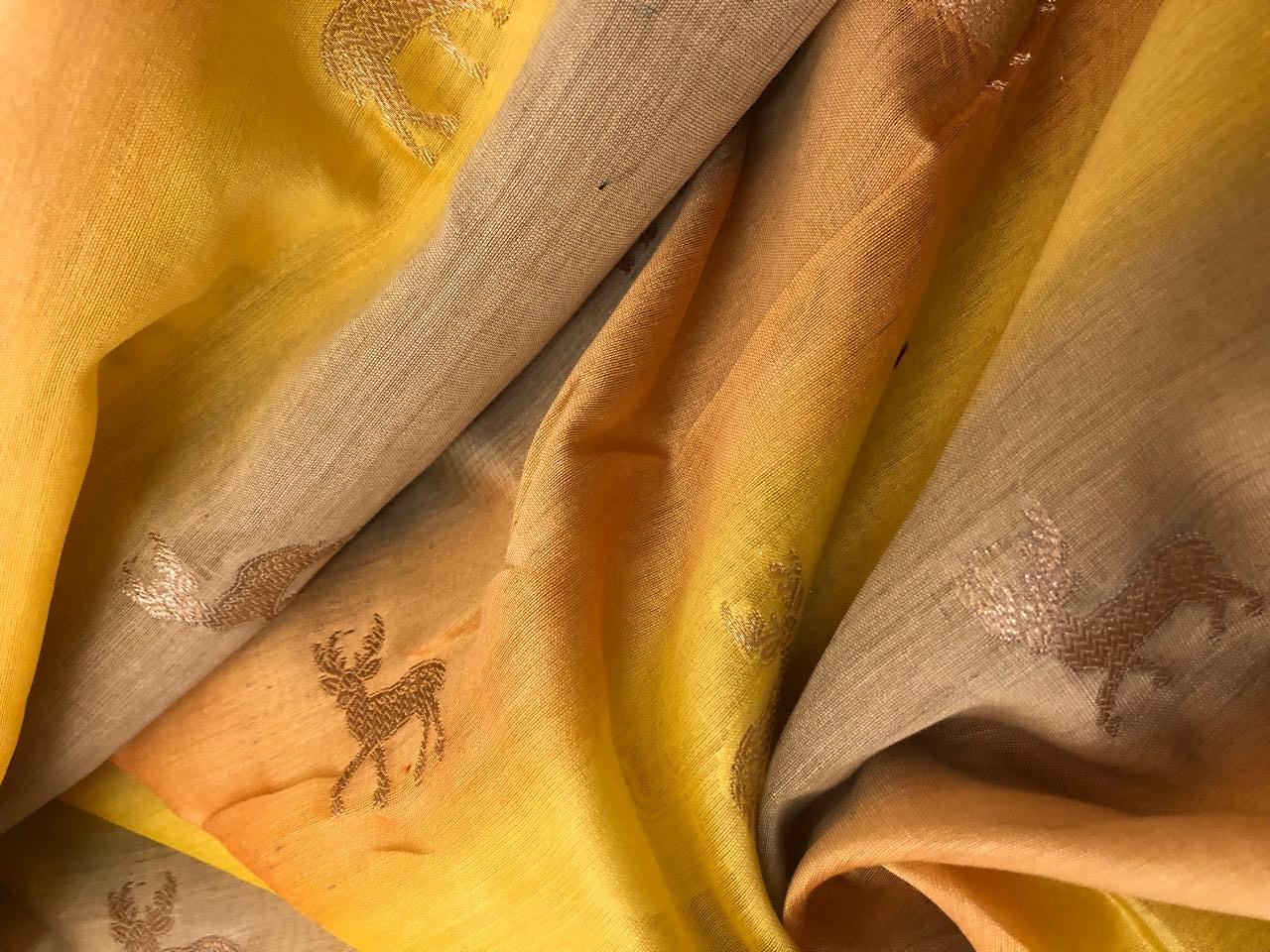 Silk Brocade fabric sheer shaded colors of grey and peach with metalli ...