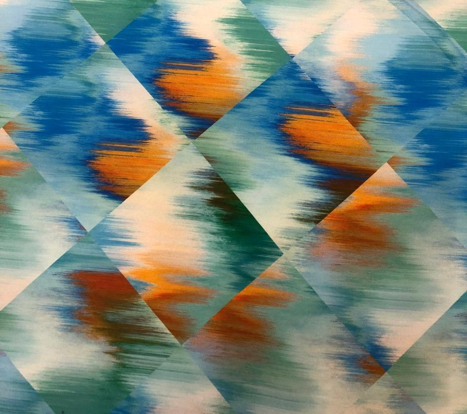 Satin fabric print 58" wide ARMANI abstract print in blue ,yellow and ...