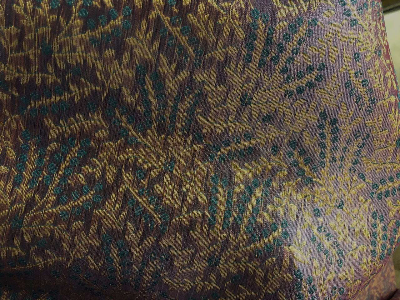 Silk Brocade fabric lilac and teal with light metallic gold leaf jacqu ...