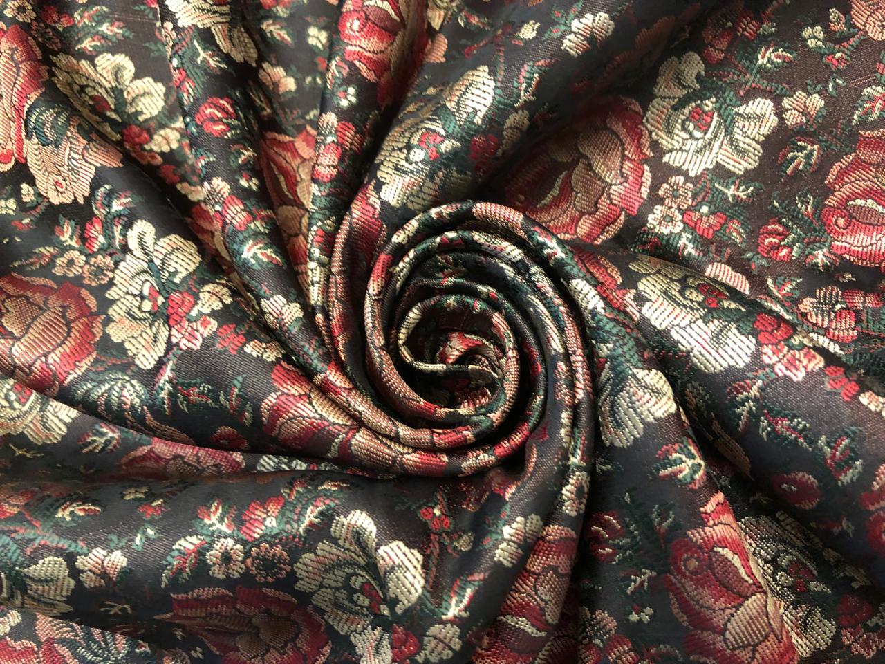 Silk Brocade fabric brown almost black with red , cream and rose color ...