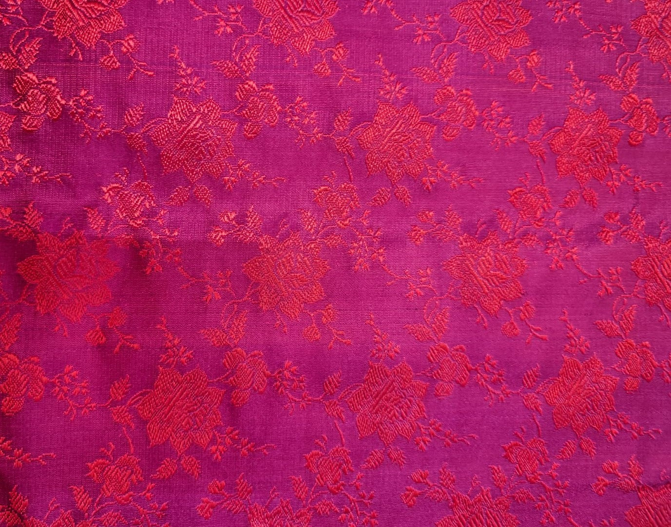 Silk Brocade fabric two tone pink x red floral vines jacquard all over ...
