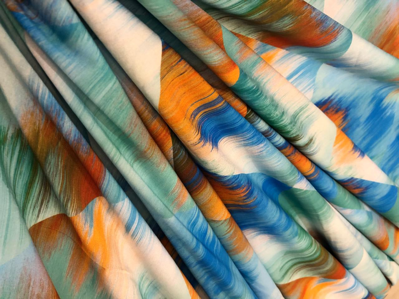 Satin fabric print 58" wide ARMANI abstract print in blue ,yellow and ...
