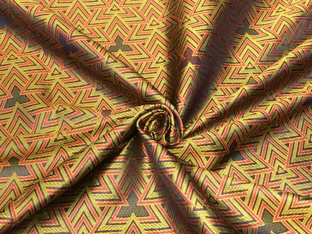 Silk Brocade fabric geometric triangles in green ,pink and black BRO11 ...