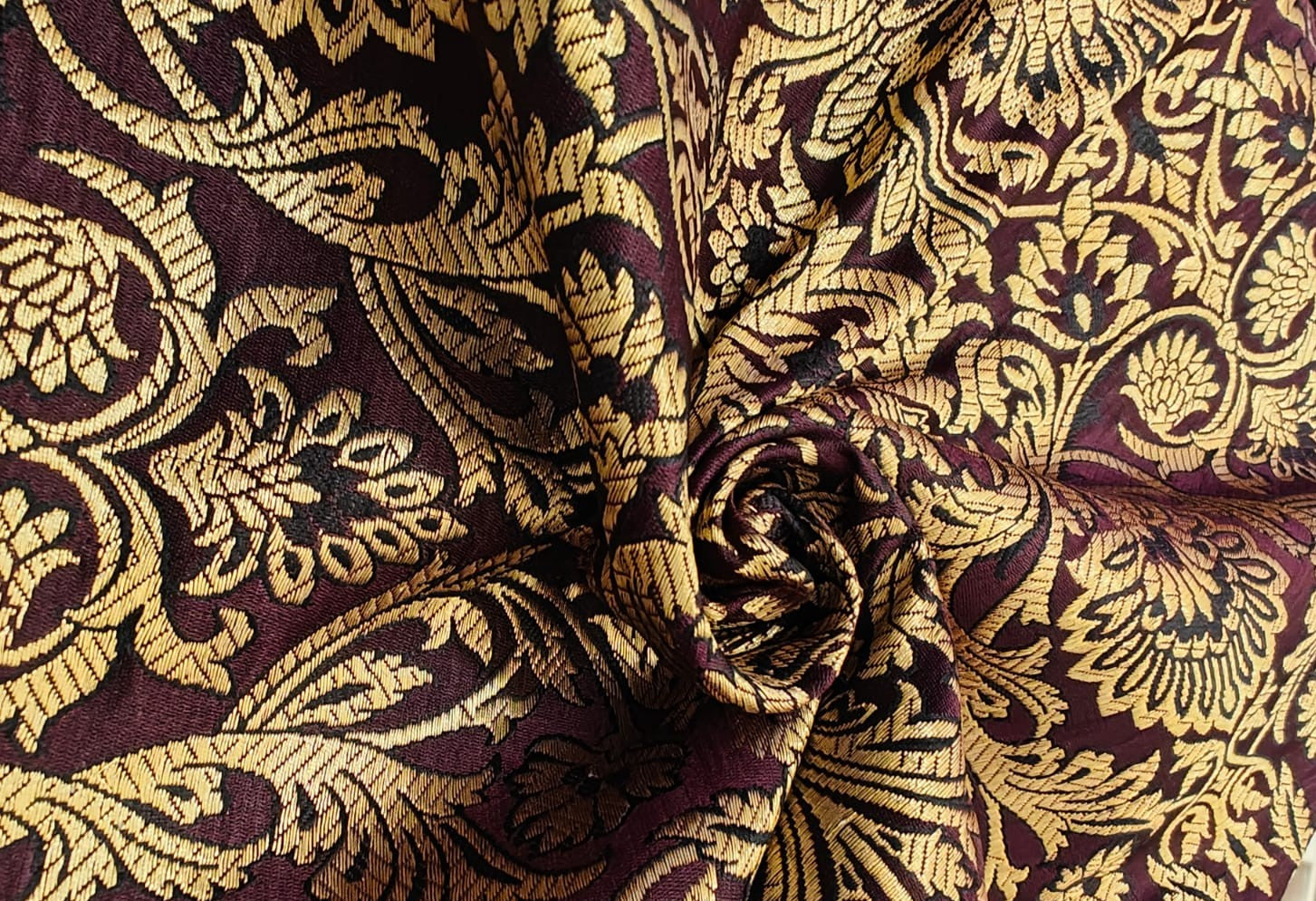 Silk Brocade fabric deep burgundy with metallic gold jacquard BRO1148 ...