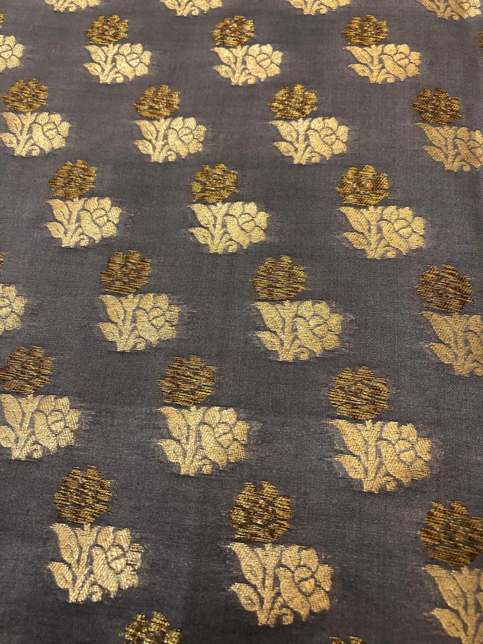 Silk Brocade fabric silver grey color with dull gold metallic jacquard ...