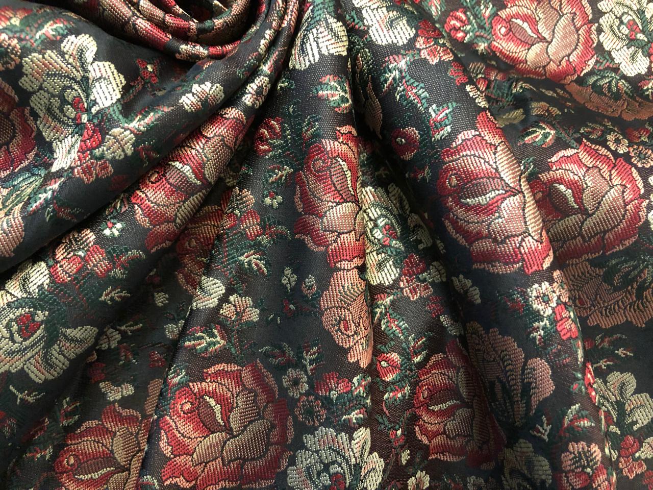 Silk Brocade fabric brown almost black with red , cream and rose color ...