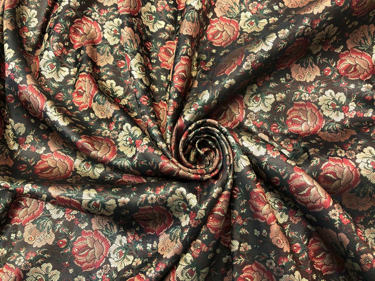 Silk Brocade fabric brown almost black with red , cream and rose color ...