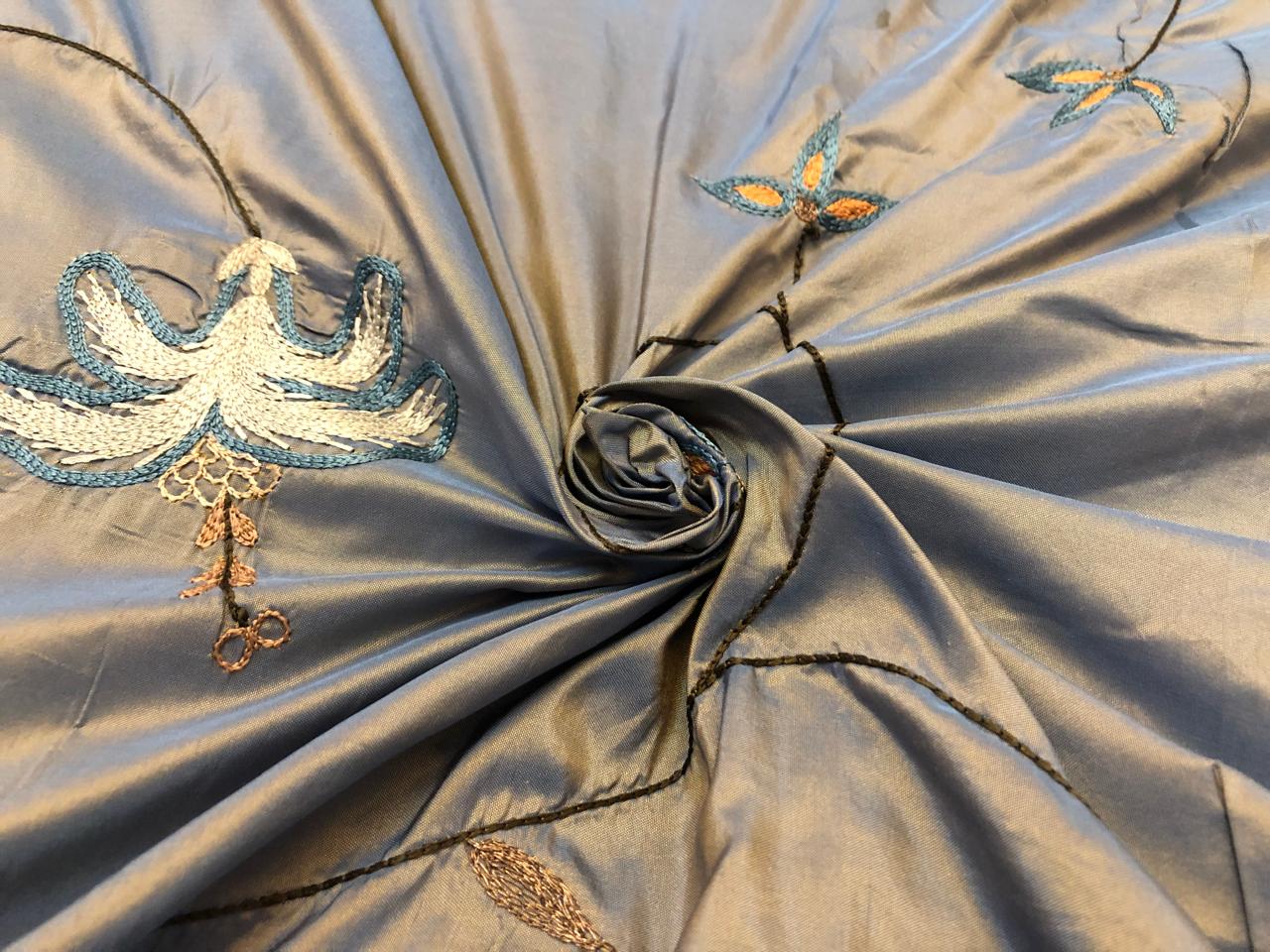 100% Silk dupioni two tone teal gold embroidered fabric floral vines 5 ...