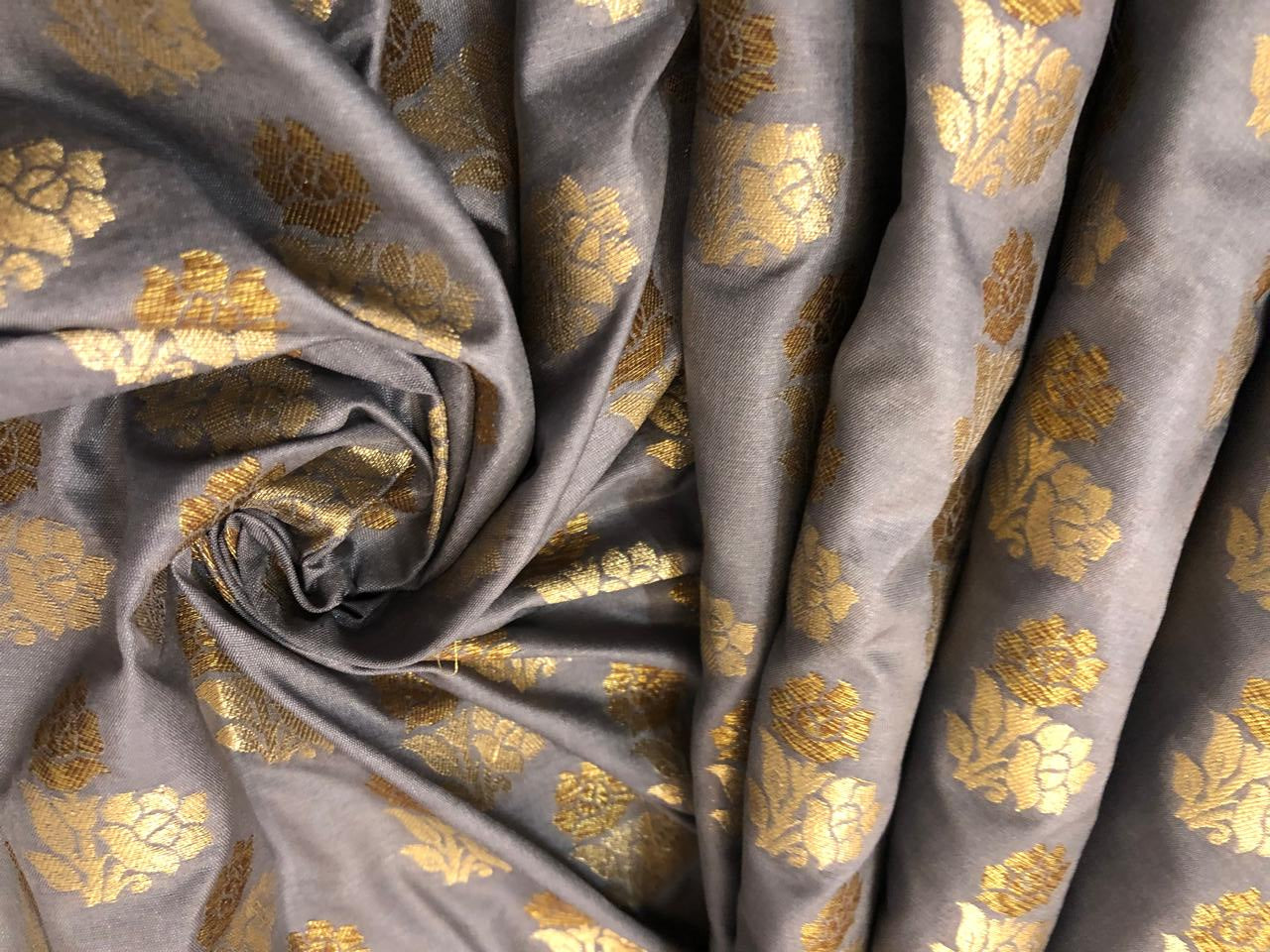 Silk Brocade fabric silver grey color with dull gold metallic jacquard ...