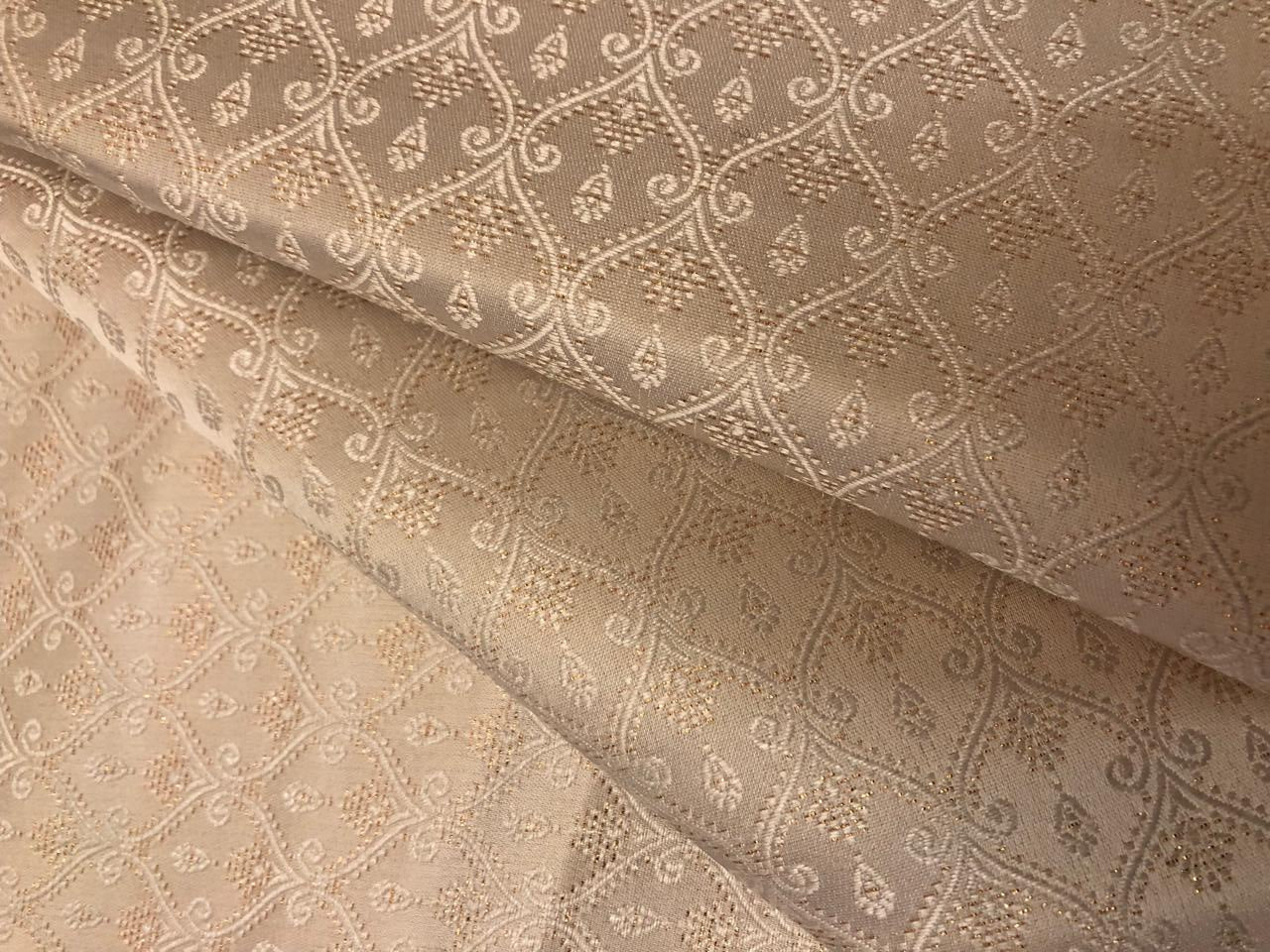 Silk Brocade fabric white ivory tusk with light metallic gold jacquard ...