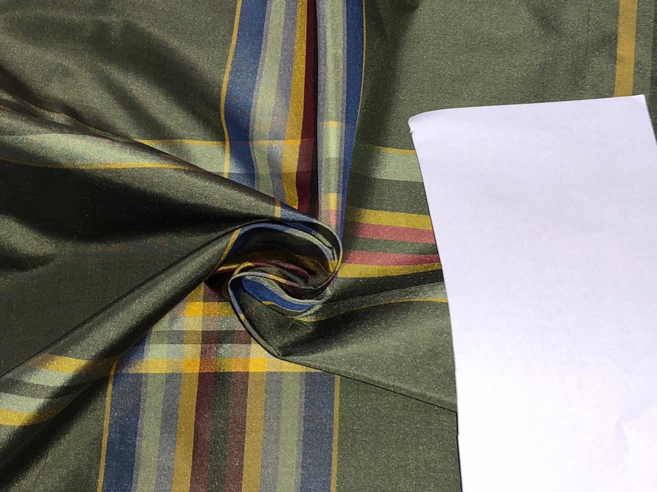 100% PURE SILK TAFFETA FABRIC PLAIDS BOTTLE GREEN WITH MULTI COLORS 54 – Puresilks.us
