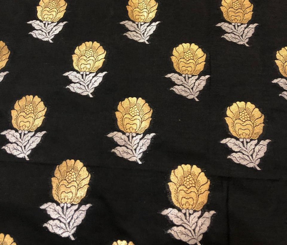 Silk Brocade fabric black color with dull gold and silver metallic jac ...