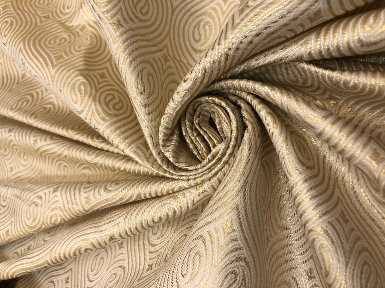 Silk Brocade fabric white ivory with light metallic gold jacquard moti ...