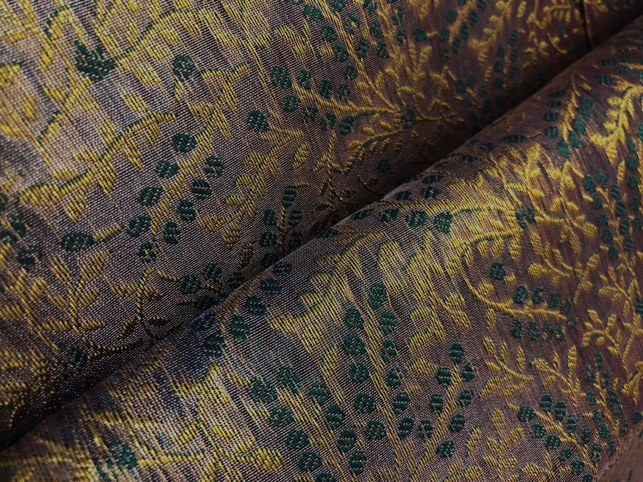 Silk Brocade fabric lilac and teal with light metallic gold leaf jacqu ...