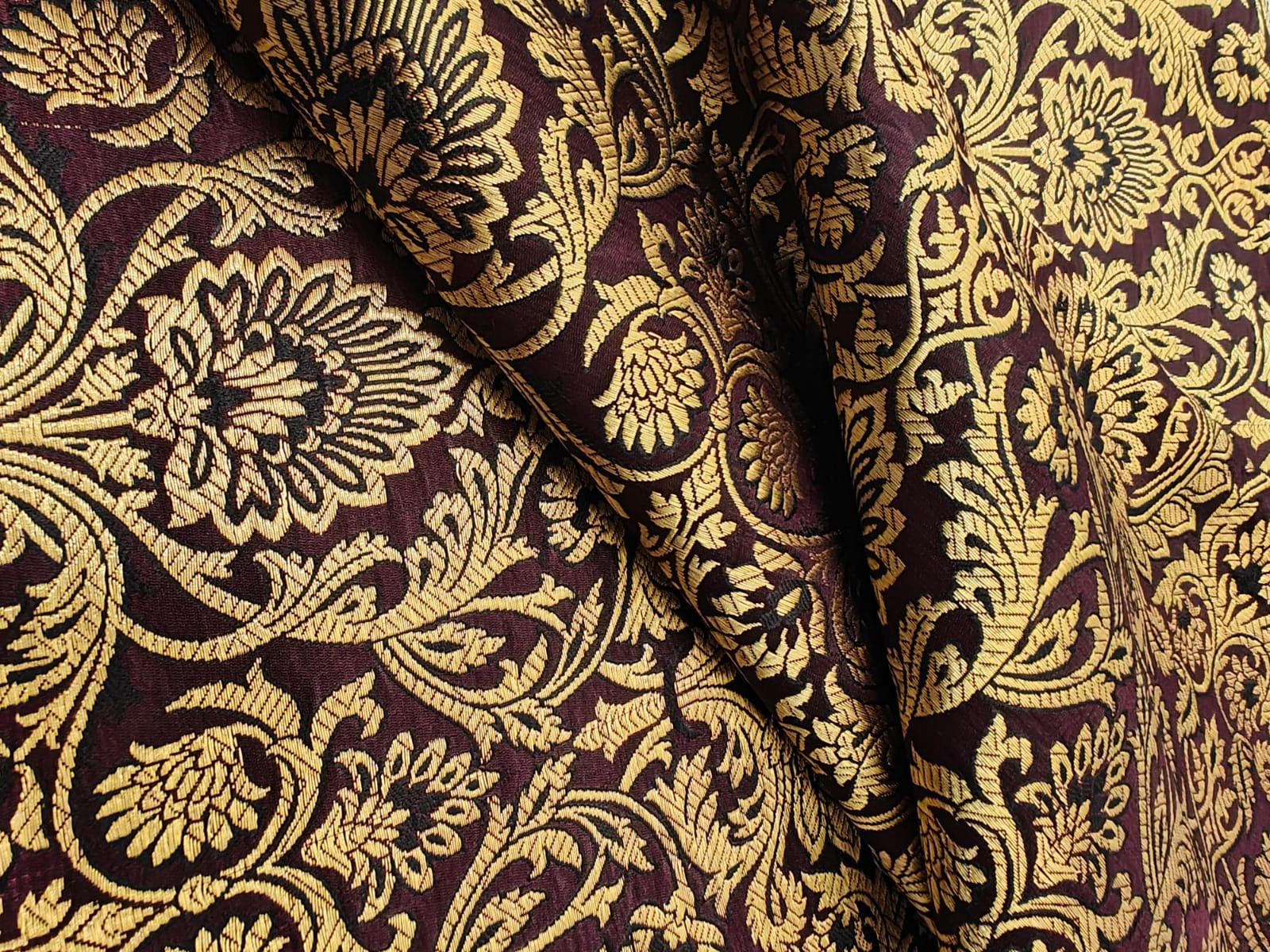 Silk Brocade fabric deep burgundy with metallic gold jacquard BRO1148 ...