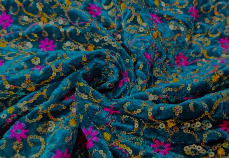 Micro Velvet Fabric Embroidered 44" wide PEACOCK BLUE [16529 ...