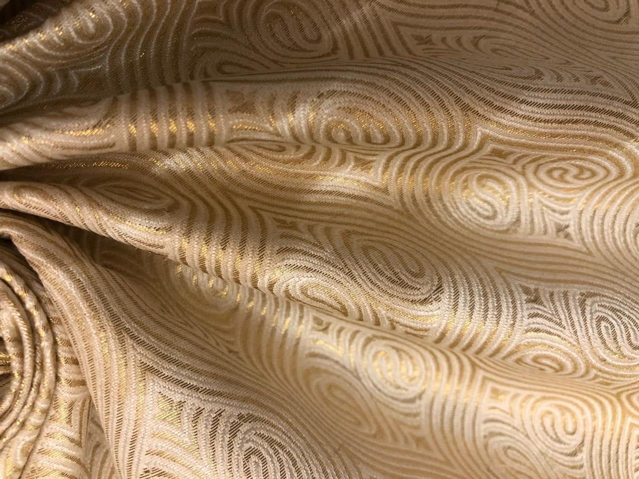 Silk Brocade fabric white ivory with light metallic gold jacquard moti ...