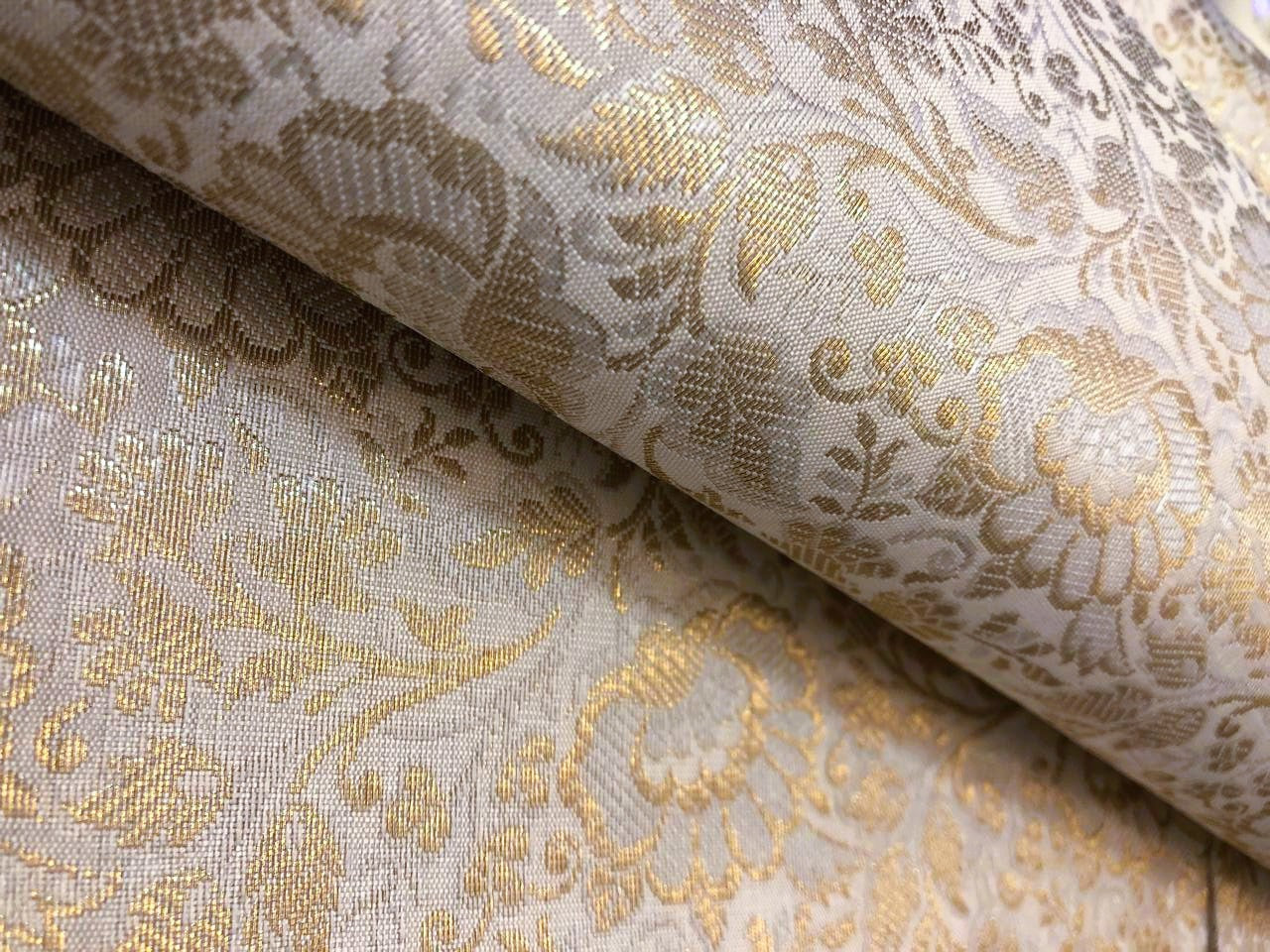 Silk Brocade fabric ivory and light metallic gold floral jacquard all ...