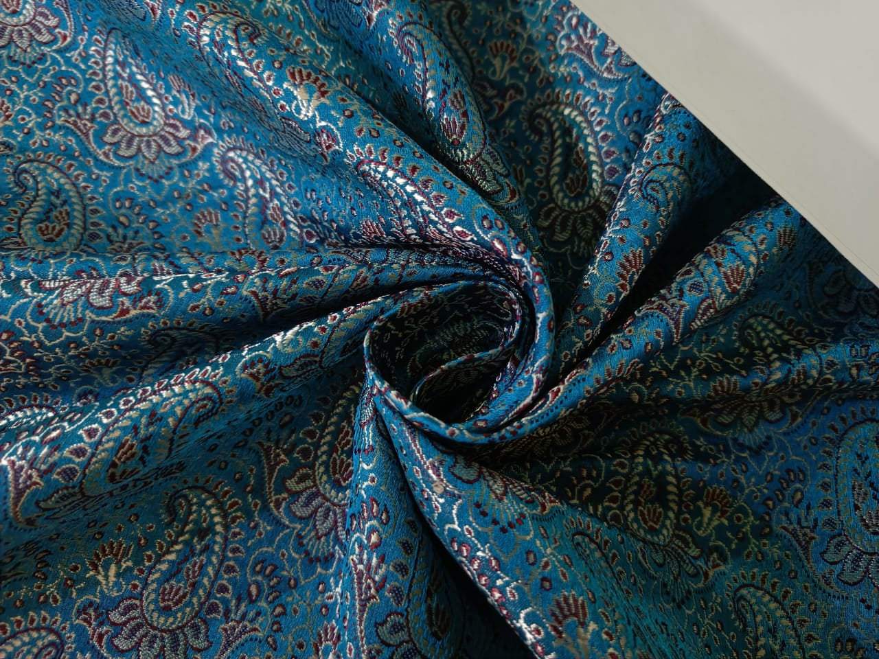 SILK BROCADE FABRIC Sea Blue/Green,Wine & Gold colour 44" wide BRO195 ...