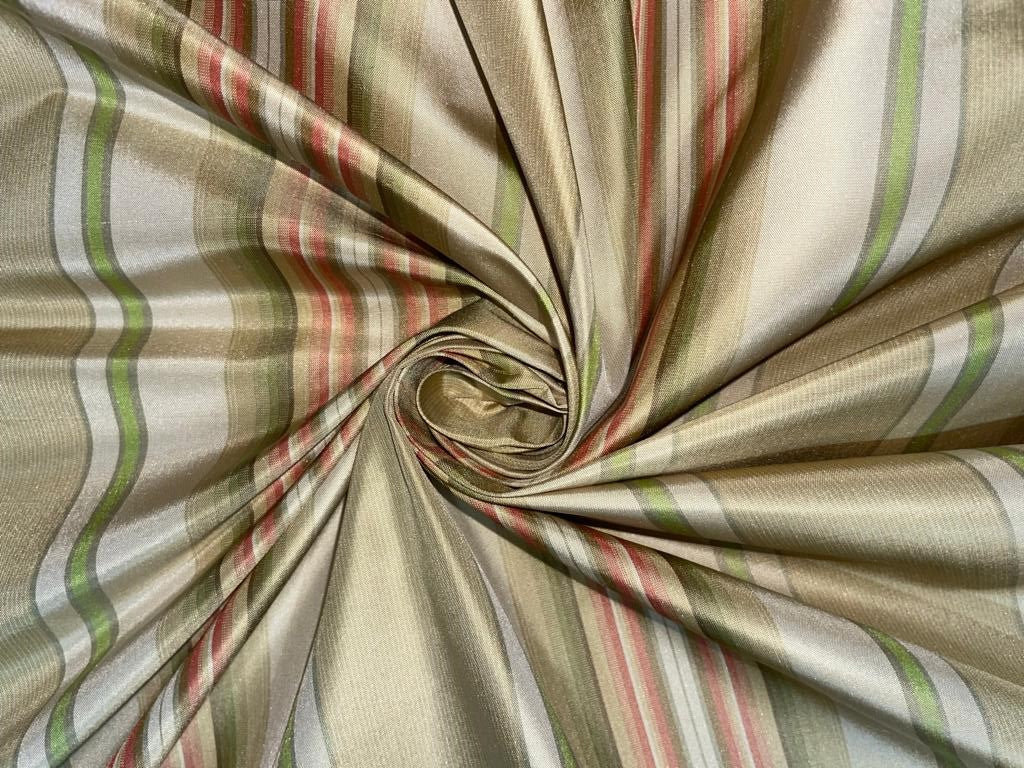 SILK TAFFETA STRIPE FABRIC GOLD,GREEN AND PINK COLOR~54" wide TAF – Puresilks.us