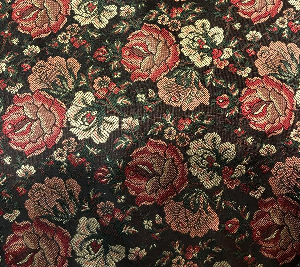 Silk Brocade fabric brown almost black with red , cream and rose color ...