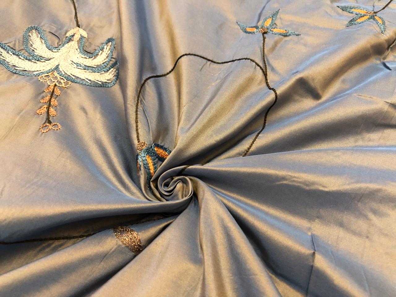 100% Silk dupioni two tone teal gold embroidered fabric floral vines 5 ...