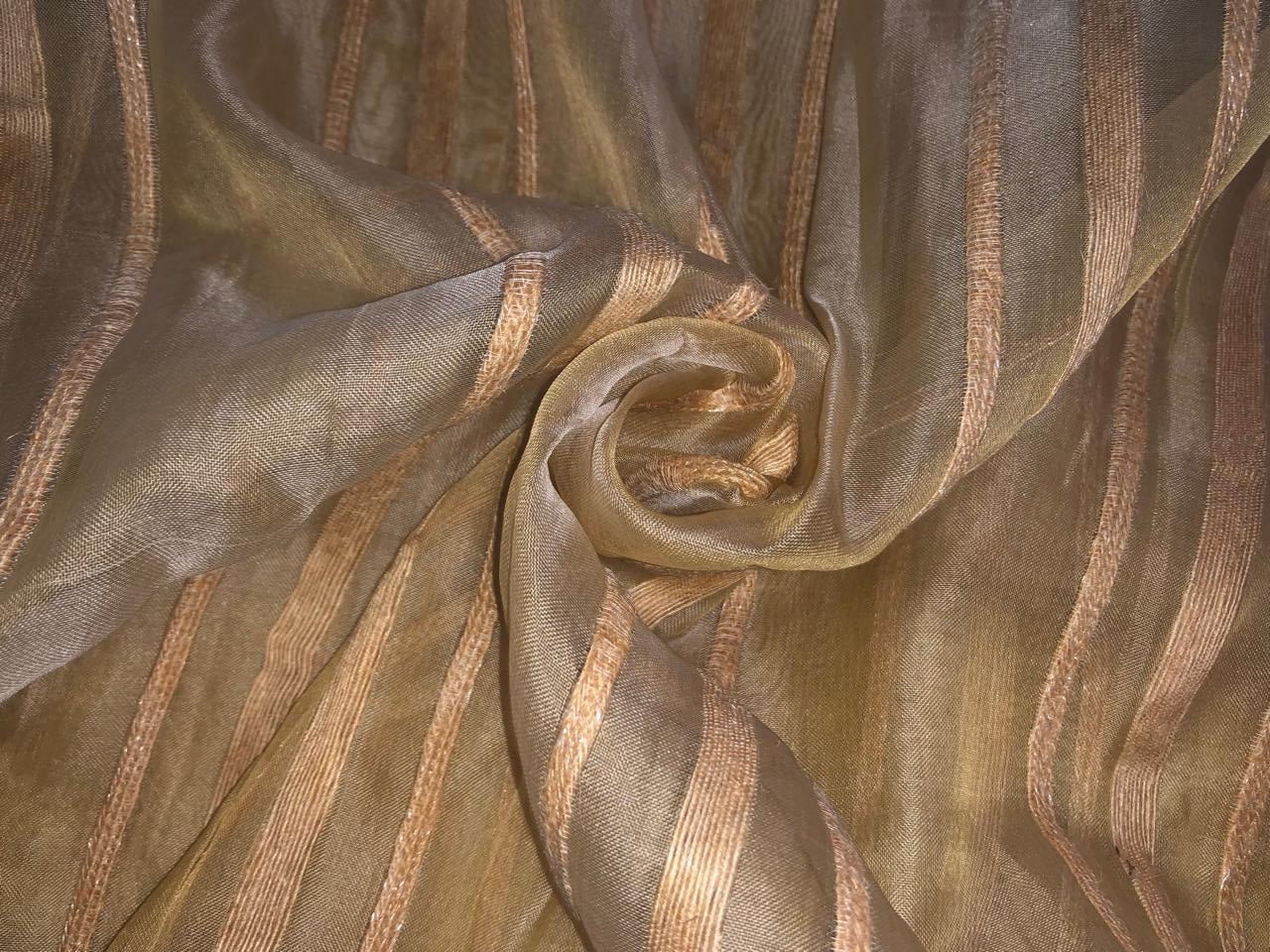 100% Silk mettalic tissue organza fabric BEIGE with jute stripe design ...