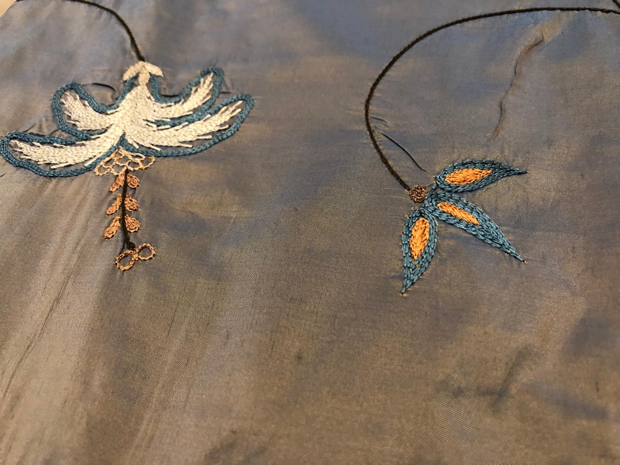 100% Silk dupioni two tone teal gold embroidered fabric floral vines 5 ...