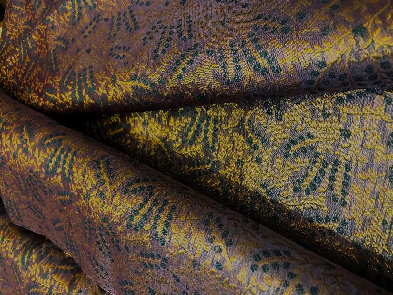 Silk Brocade fabric lilac and teal with light metallic gold leaf jacqu ...