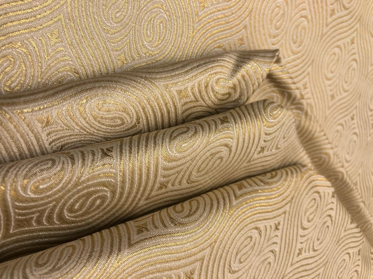 Silk Brocade fabric white ivory with light metallic gold jacquard moti ...