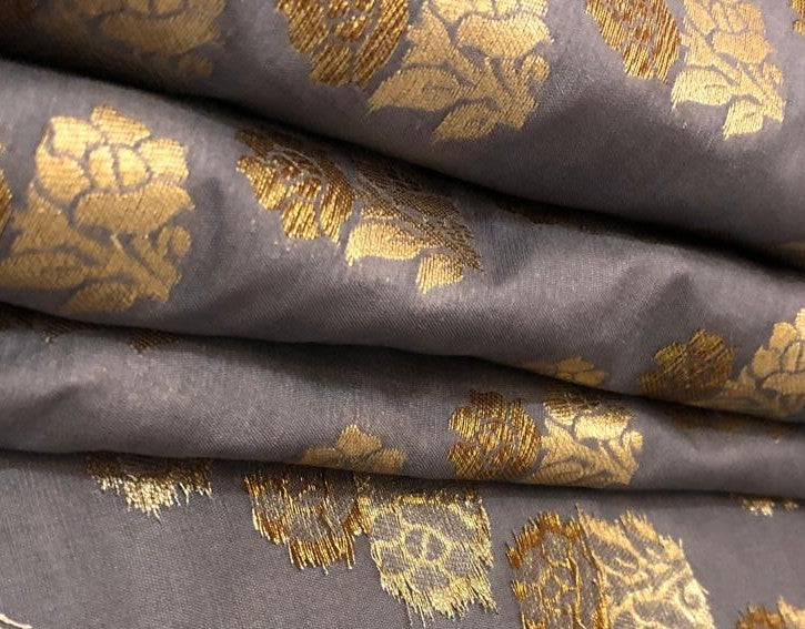 Silk Brocade fabric silver grey color with dull gold metallic jacquard ...