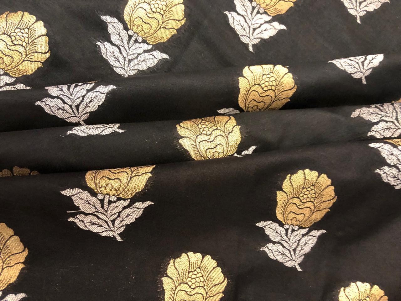 Silk Brocade fabric black color with dull gold and silver metallic jac ...