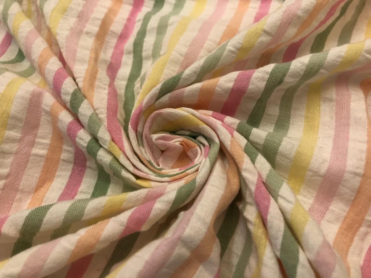 100% Cotton Seer Sucker fabric white with pastel multi color stripes 5 ...