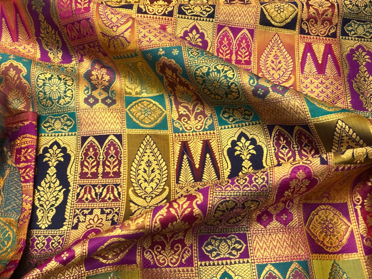 Silk Brocade fabric different motif sizes and designs with multi brigh ...