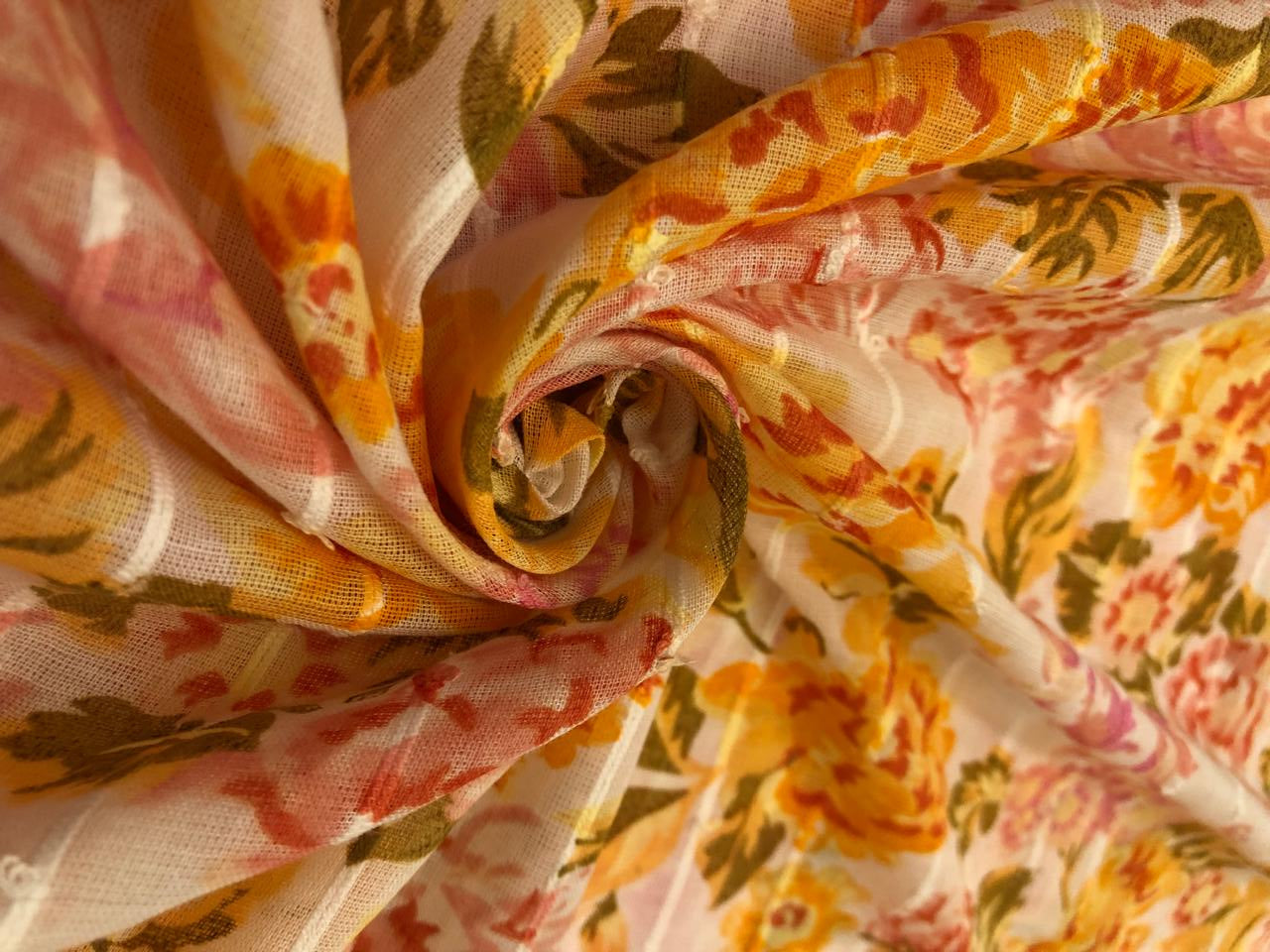 Cotton Voile fabric ivory with bright yellow and pink floral 58"wide d ...
