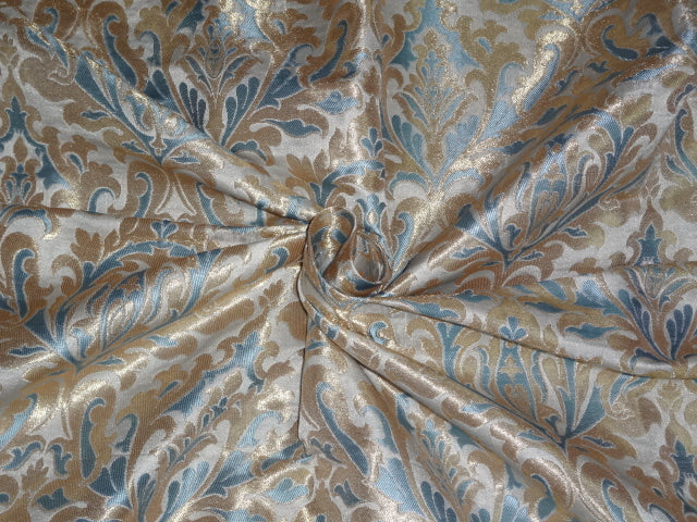 SILK BROCADE FABRIC SEA BLUE IVORY AND METALLIC GOLD COLOR 44" wide BR ...