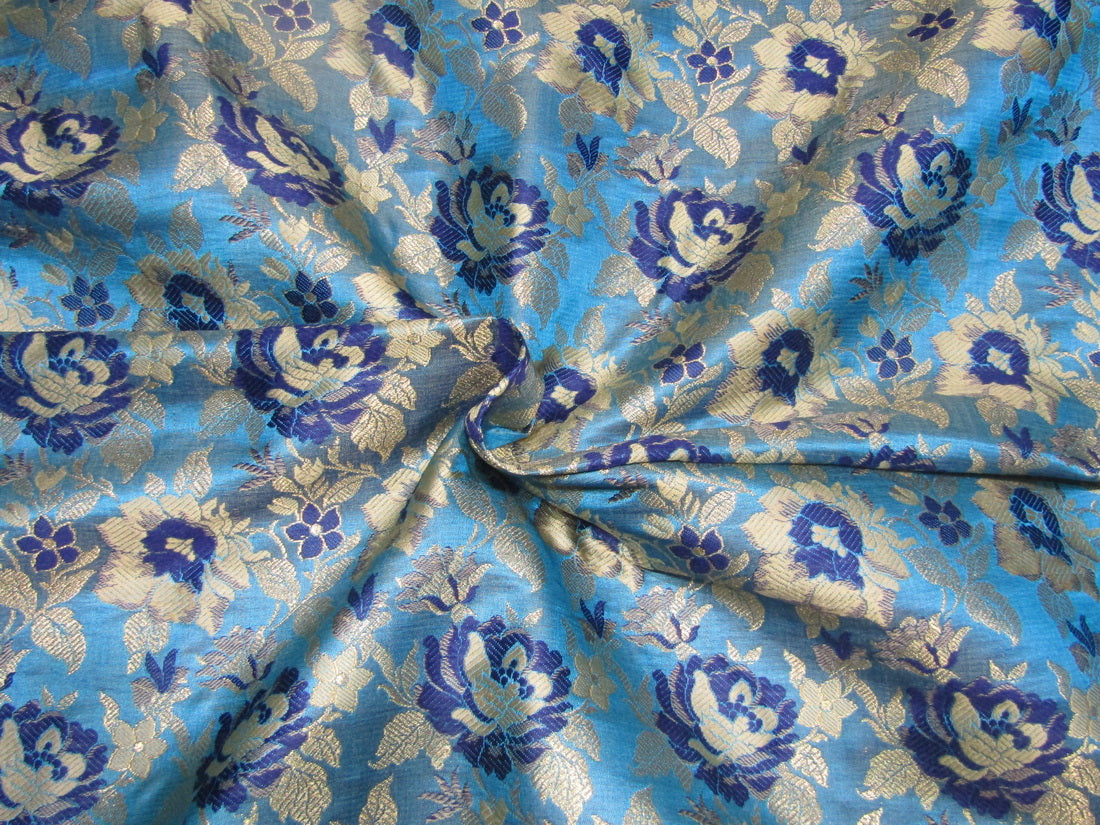 Silk Brocade fabric Ocean Blue metallic gold color 44" wide BRO777[2 ...