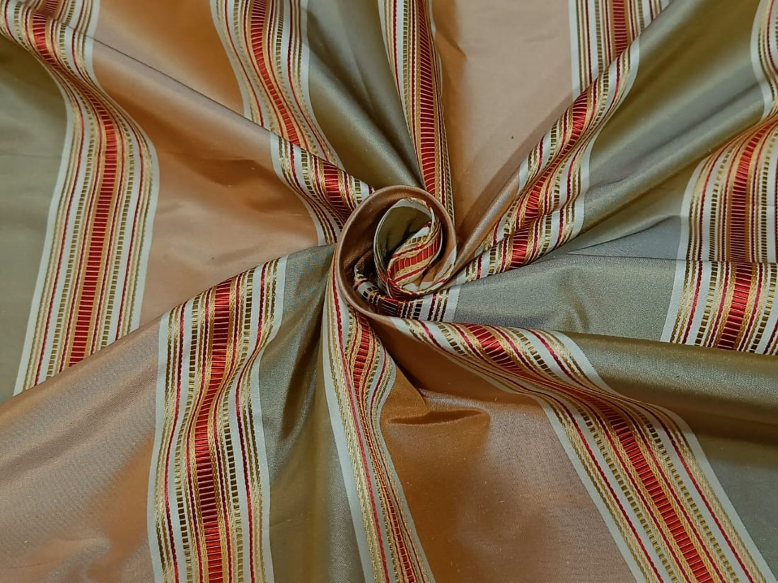 100% Silk Taffeta olive salmon and red colour jacquard stripe 54" wide – Puresilks.us