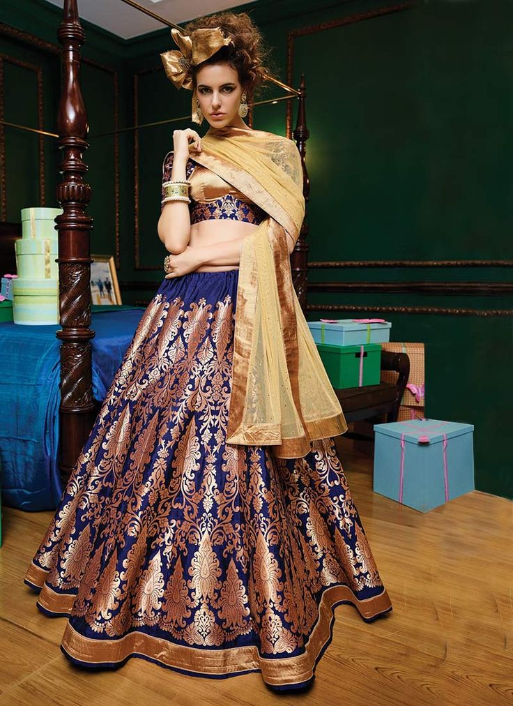 Heavy Brocade Fabric Blue,Ink Blue & Metallic Gold color – Puresilks.us