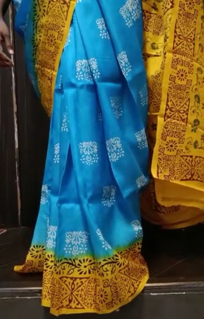 Indian Beautiful Cotton blue and yellow Saree – Puresilks.us